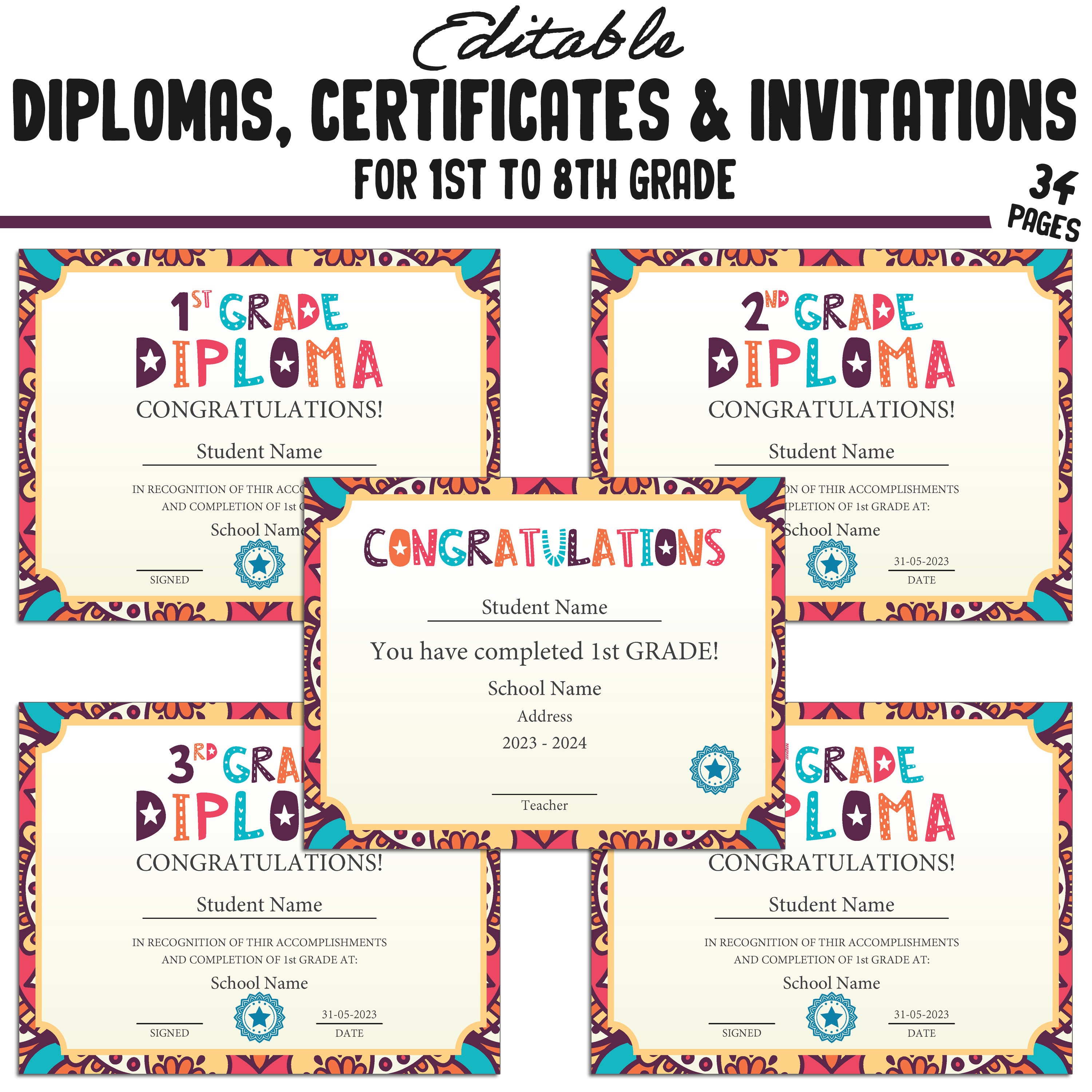 Editable 8th Grade Diplomas, 1st-8th Grade Certificates, and Invitation ...