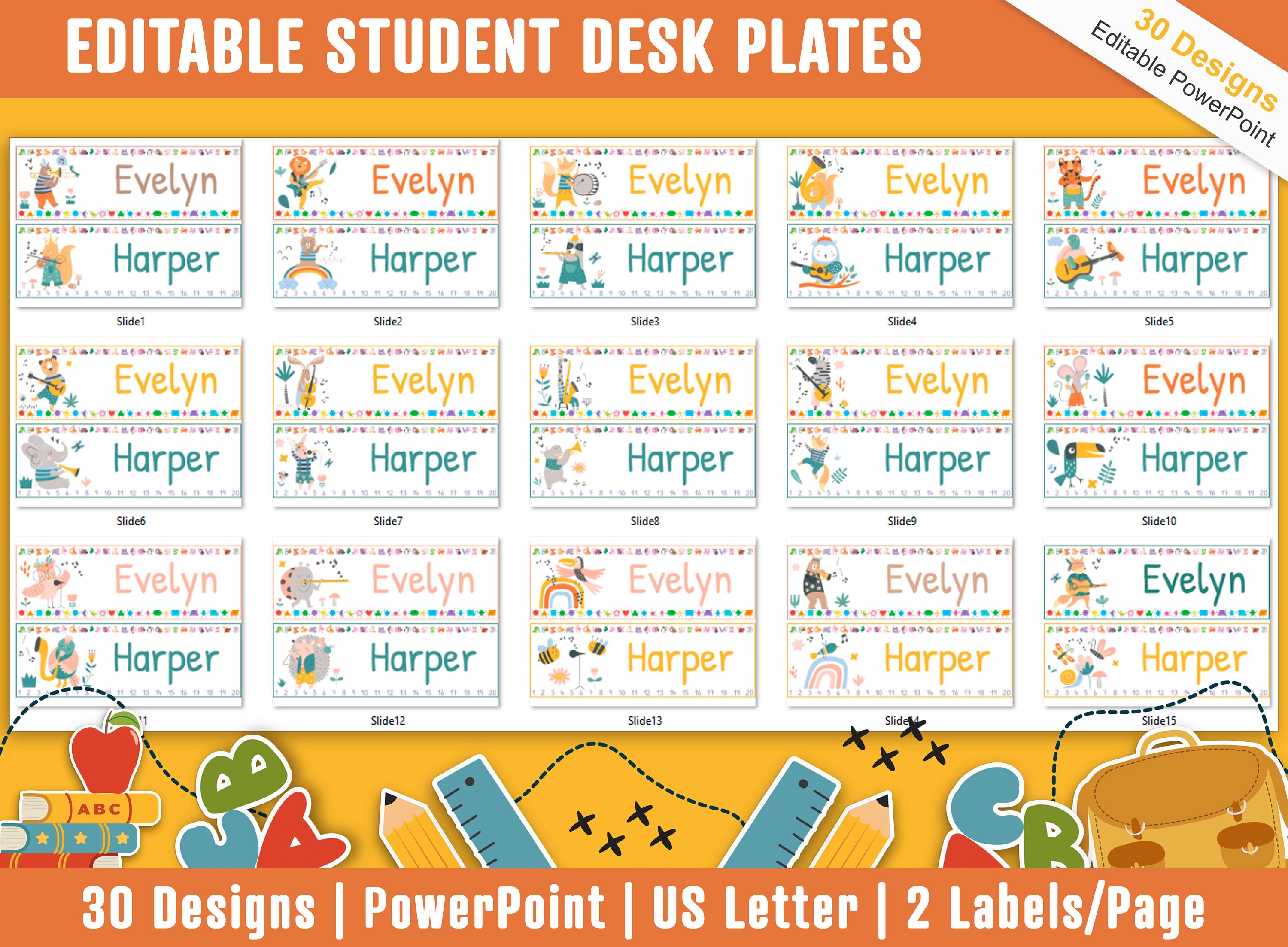 Student Desk Plates, 30 Printable/editable Animal Playing Music ...
