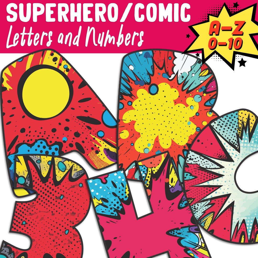 Colorful Superhero Alphabet and Numbers, Comic A-Z Letters, 1 and 2 per ...