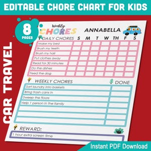 Car Travel Chore Chart for Kids - Printable & Editable, Encouraging ...