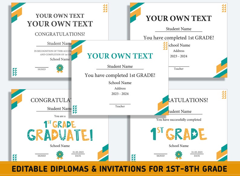 Editable First Grade, Second Grade Diploma Certificate of Completion ...