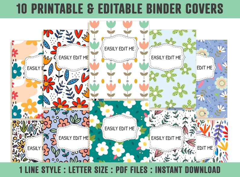 Floral Binder Cover, 10 Printable & Editable Coversspines, Binder Cover ...