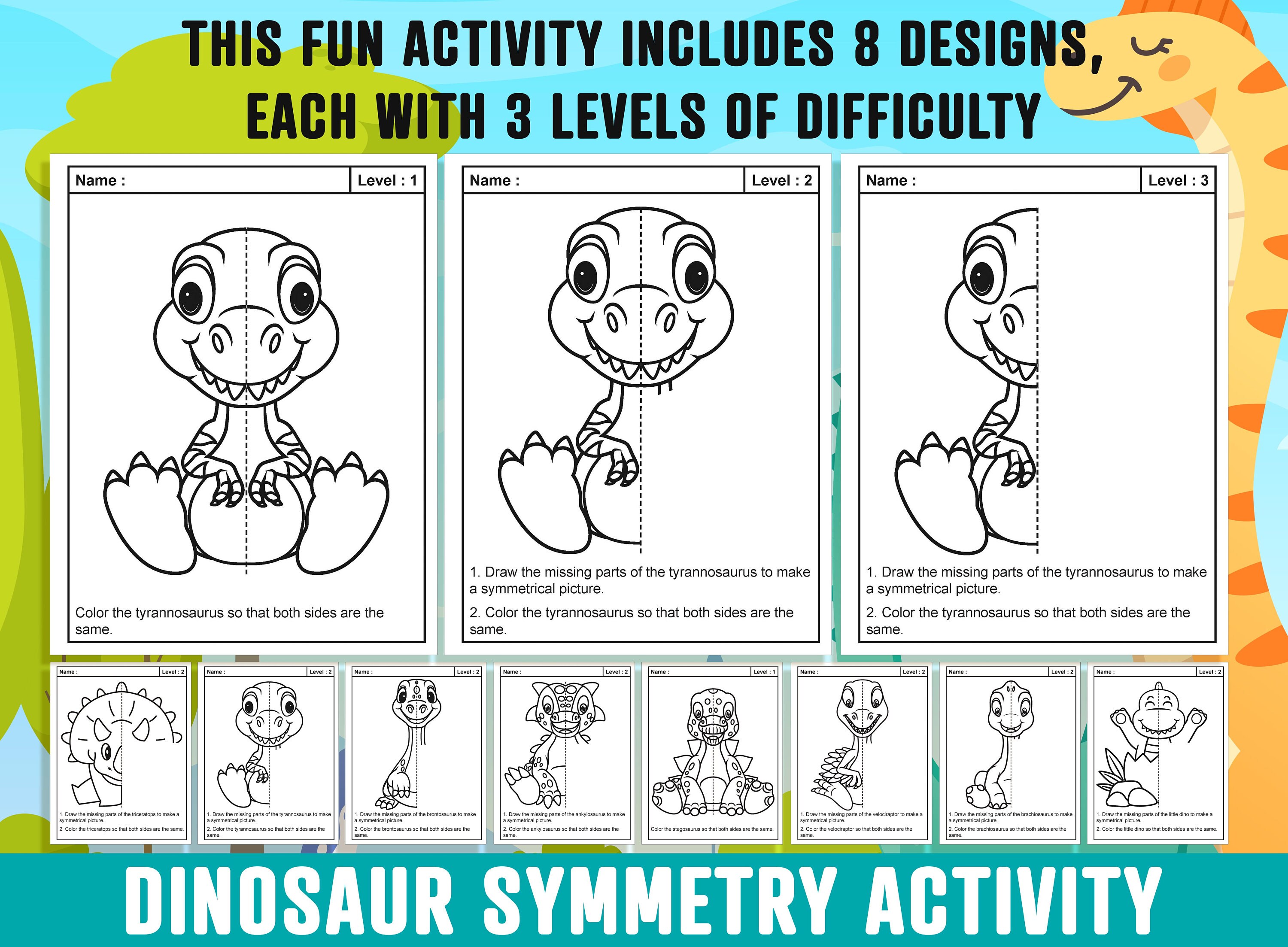 Dinosaur Symmetry Worksheet, Dinosaur Theme Lines of Symmetry Activity ...