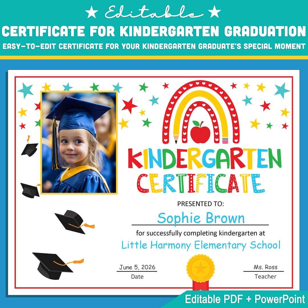 Editable Kindergarten Moving up Certificate With Student Photo, Rainbow ...