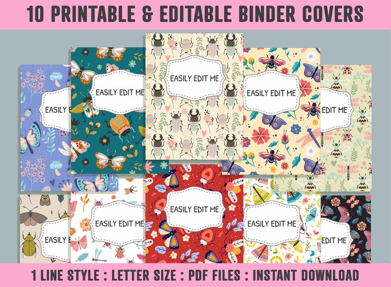 Insects and Flowers Binder Cover 10 Printable & Editable - Etsy