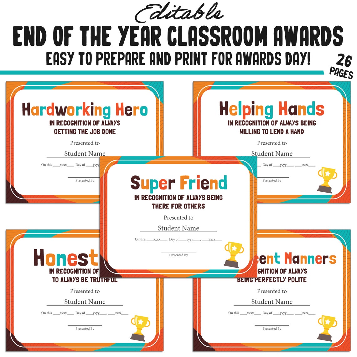 Editable Class Superlative End-of-year Student Awards, 26 Pages, PDF ...