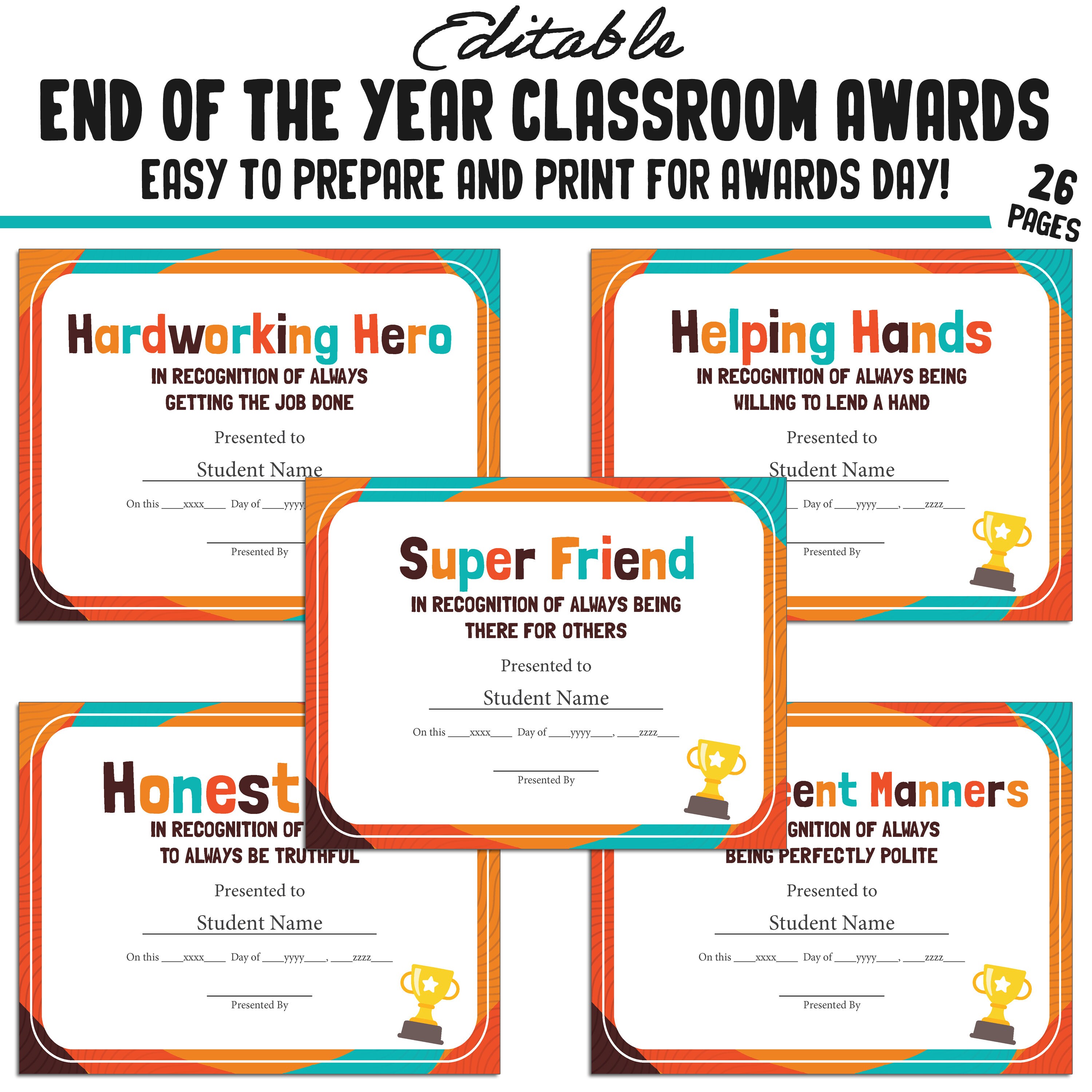 Editable Class Superlative End-of-year Student Awards, 26 Pages, PDF ...