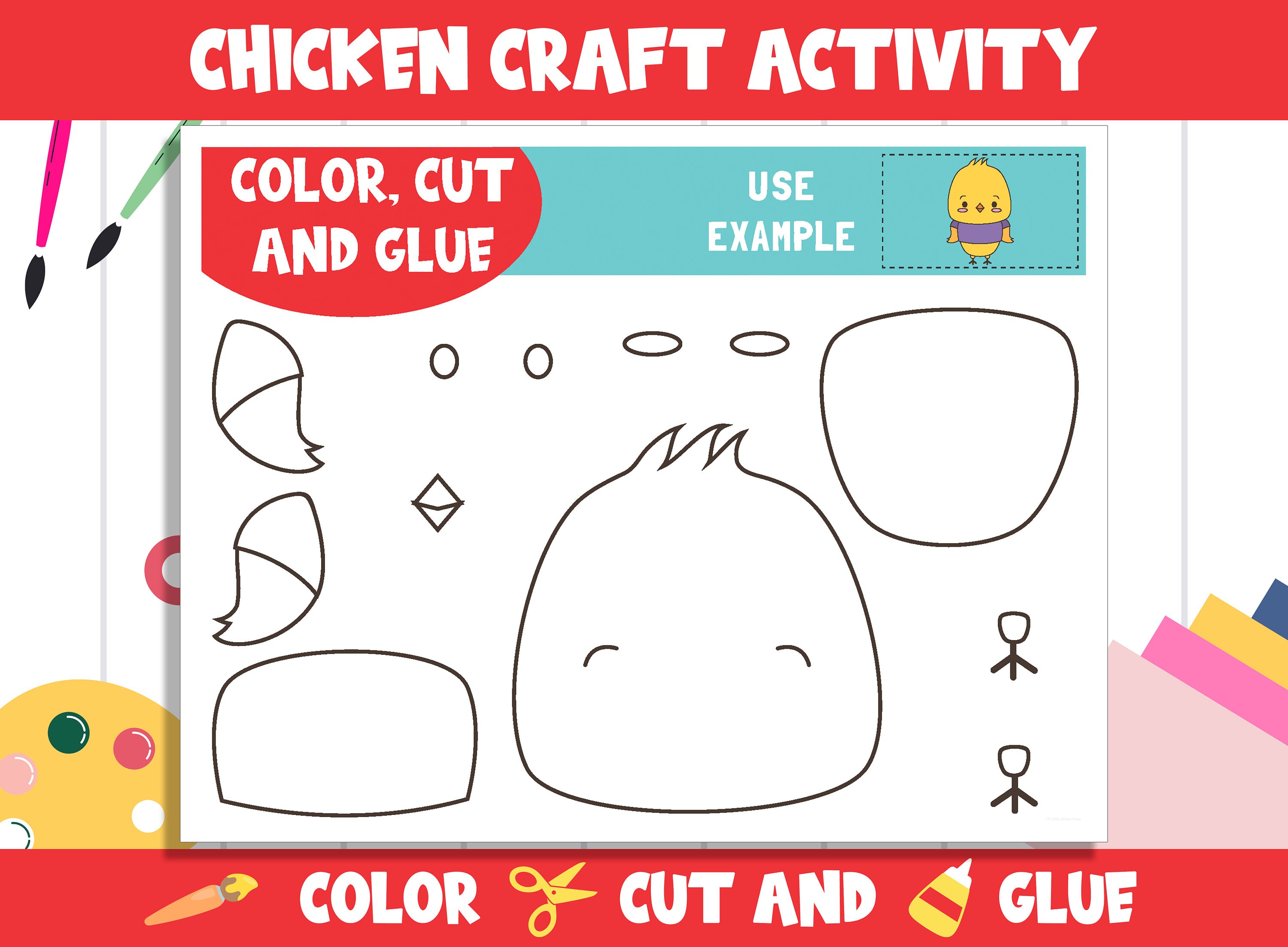 Cute Chicken Craft Activity Color, Cut, and Glue for Prek to 2nd Grade ...