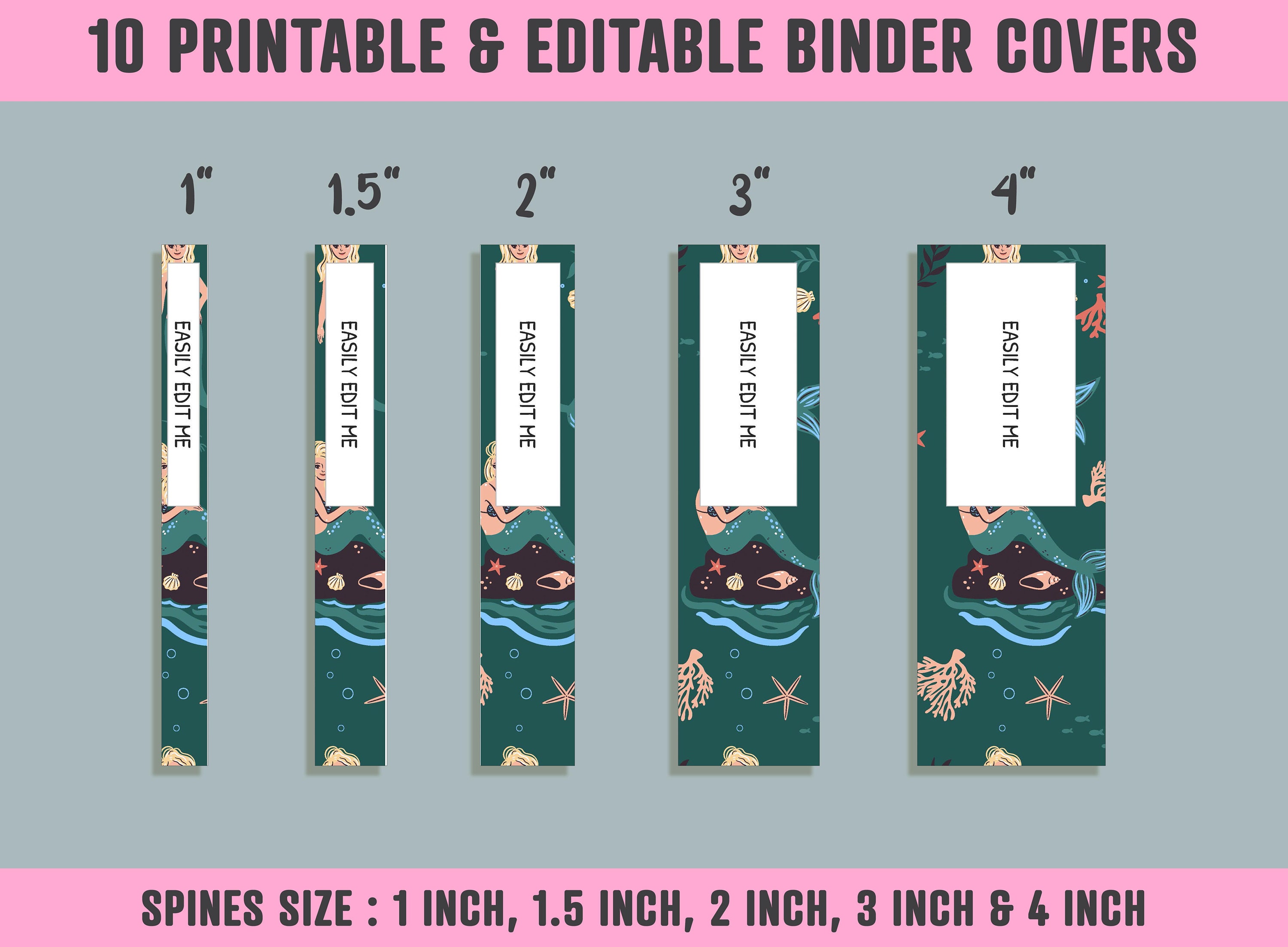 Mermaid Unicorn Fairy Binder Cover, 10 Printable/editable Binder Covers ...