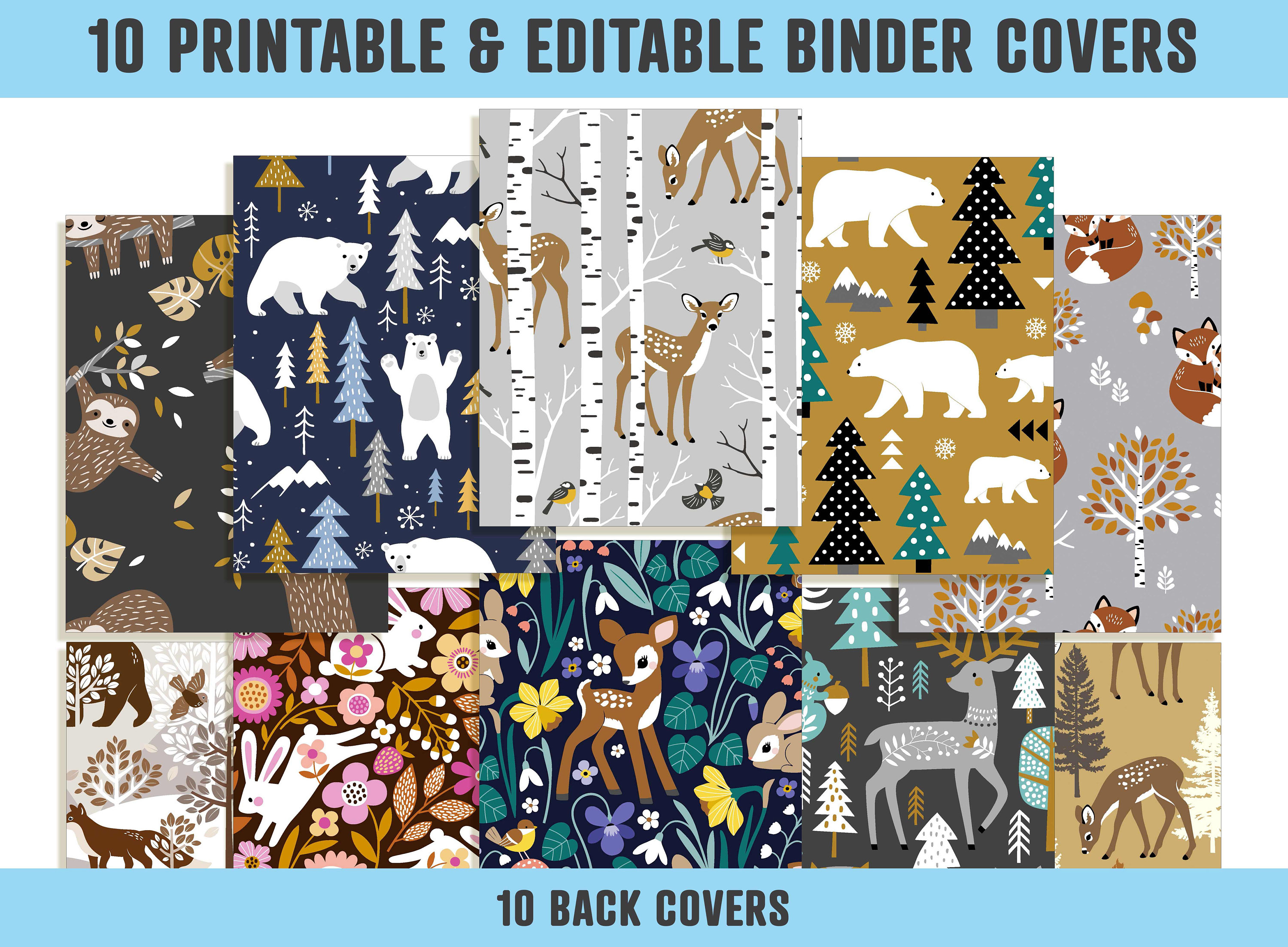 Cute Animal and Forest Binder Cover, 10 Printable & Editable Binder ...
