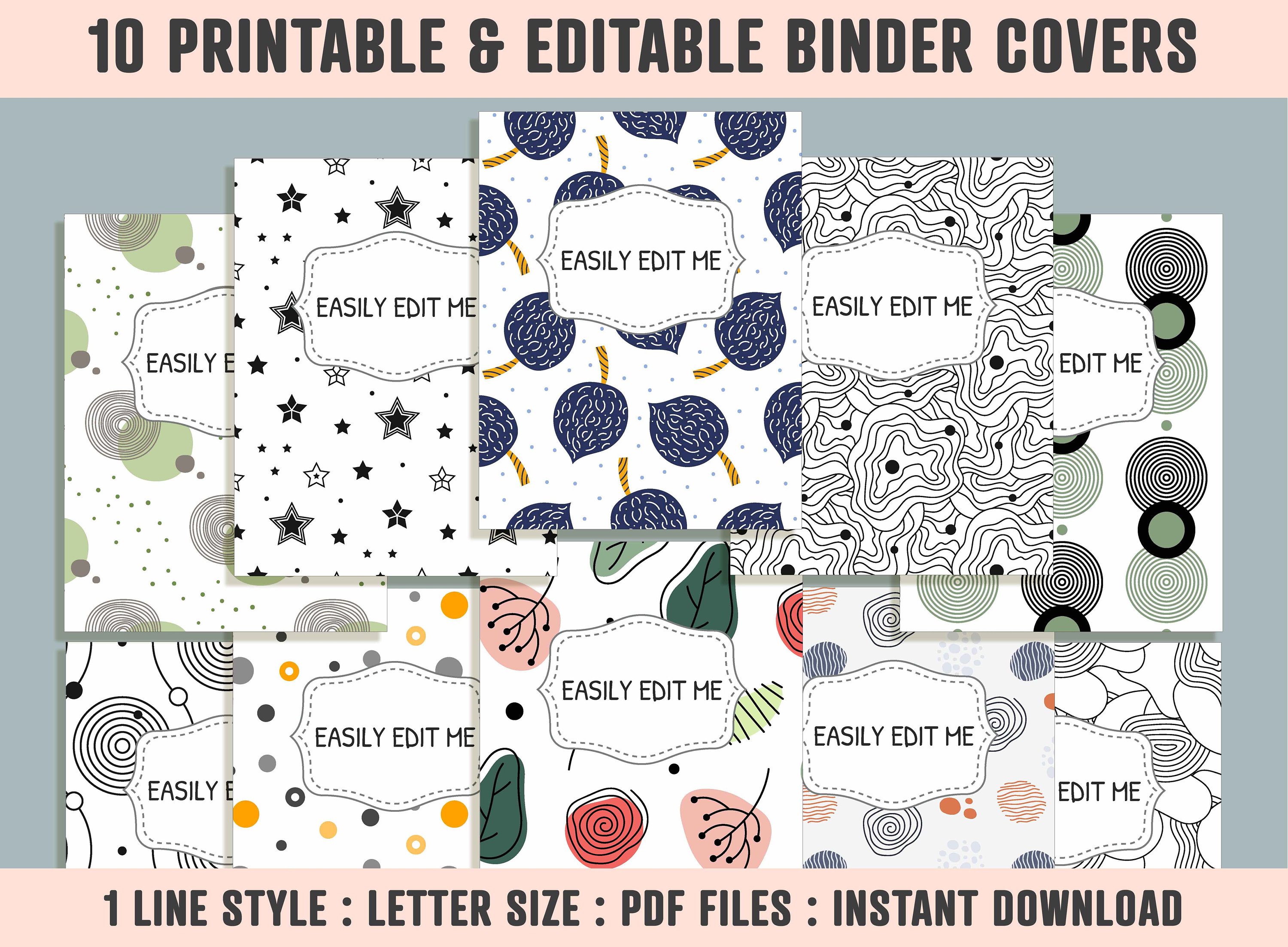 Leaves, Geometric, Monochrome Binder Cover, 10 Printable/editable ...