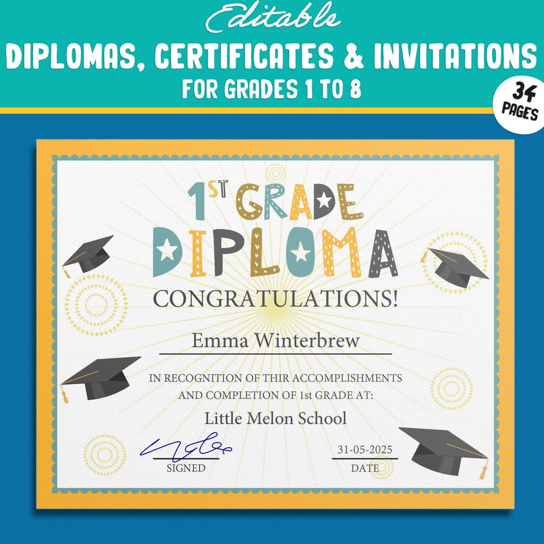 34 Editable First Grade Diplomas, 1st-8th Grade Certificates, Diplomas ...