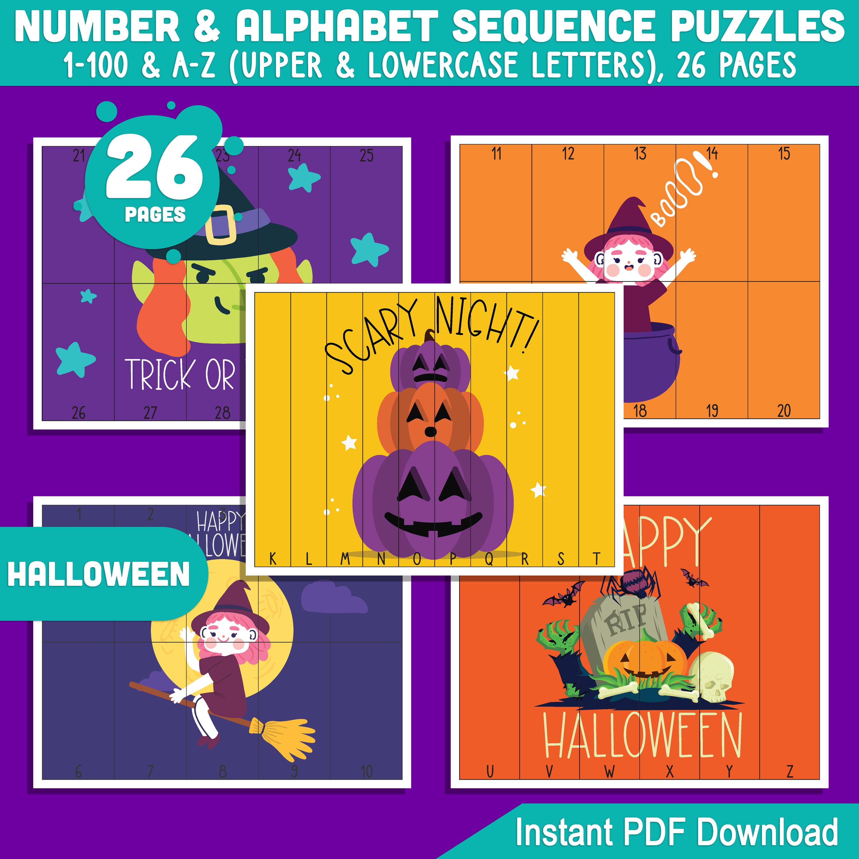 Halloween Number & Alphabet Sequence Puzzles: 1-100 and A-Z Printable ...