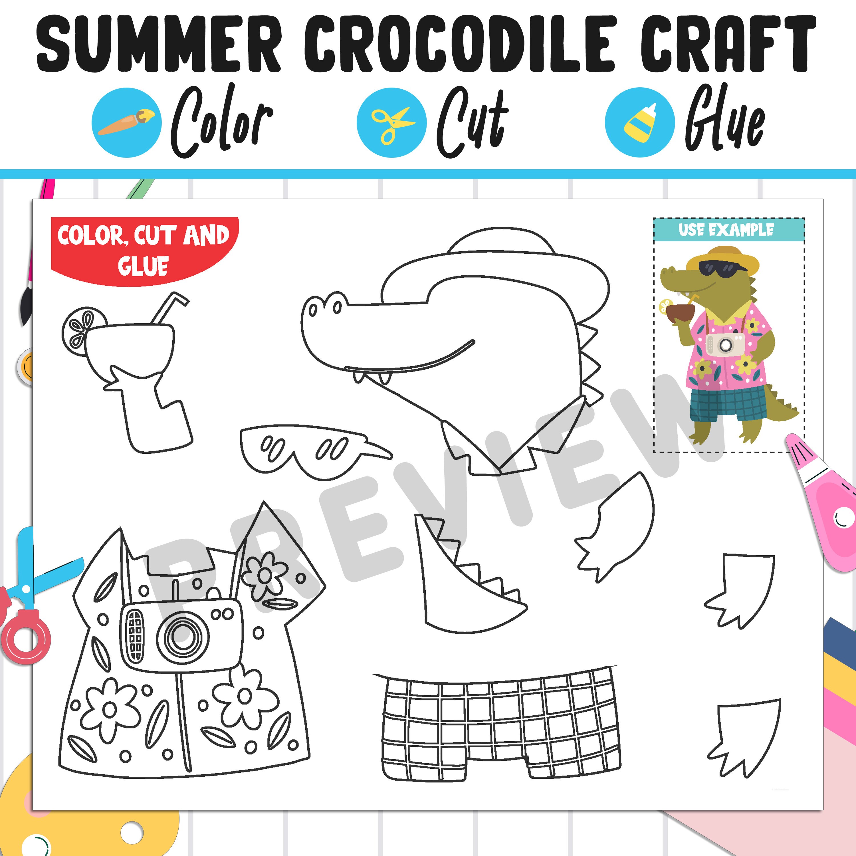 Summer Crocodile Craft for Kids: Color, Cut, and Glue, a Fun Activity ...