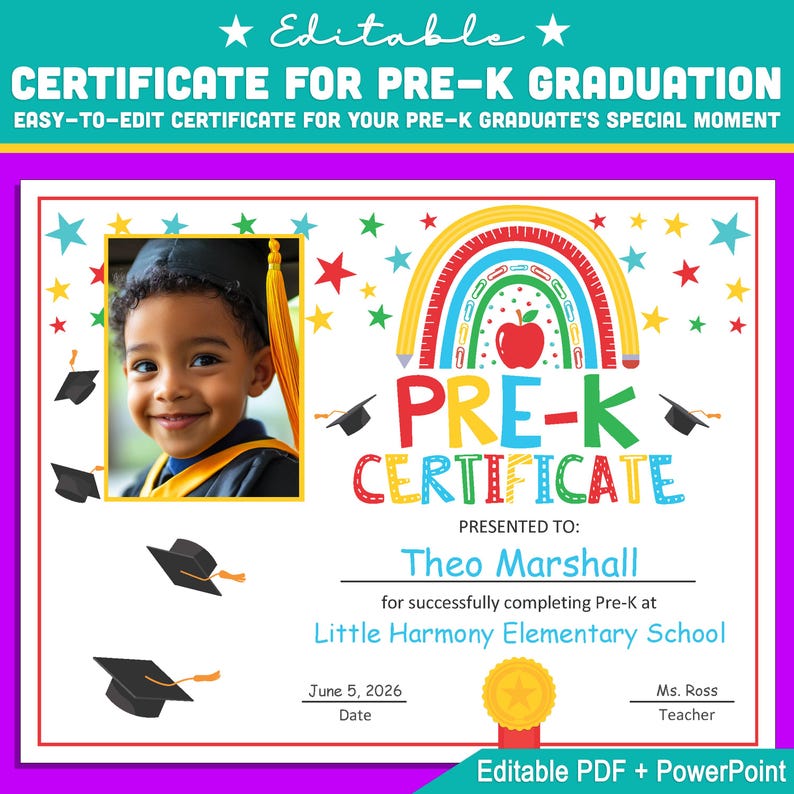 Editable Pre-k Certificate With Photo, Graduation Diploma Template ...