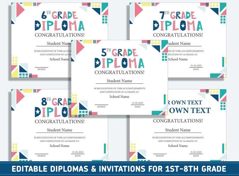 Editable 2nd Grade Diploma, 1st to 8th Grade Diploma, Certificate of ...