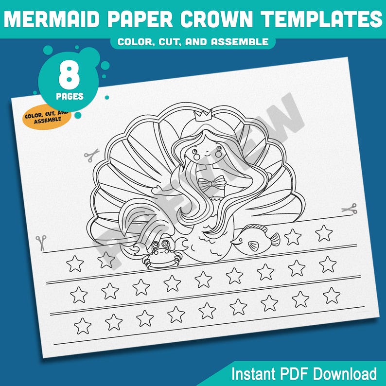 Mermaid Paper Crown Templates – Printable Headband Craft for Kids With ...