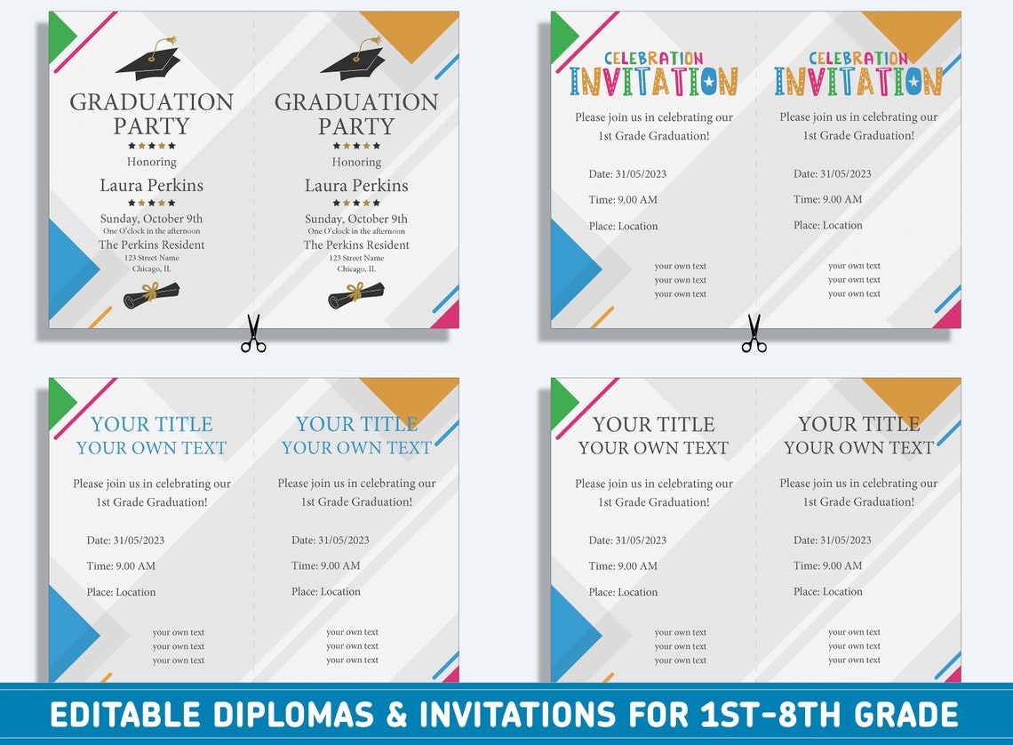 Editable 8th Grade Graduation, 1st to 8th Grade Diploma, Certificate of ...