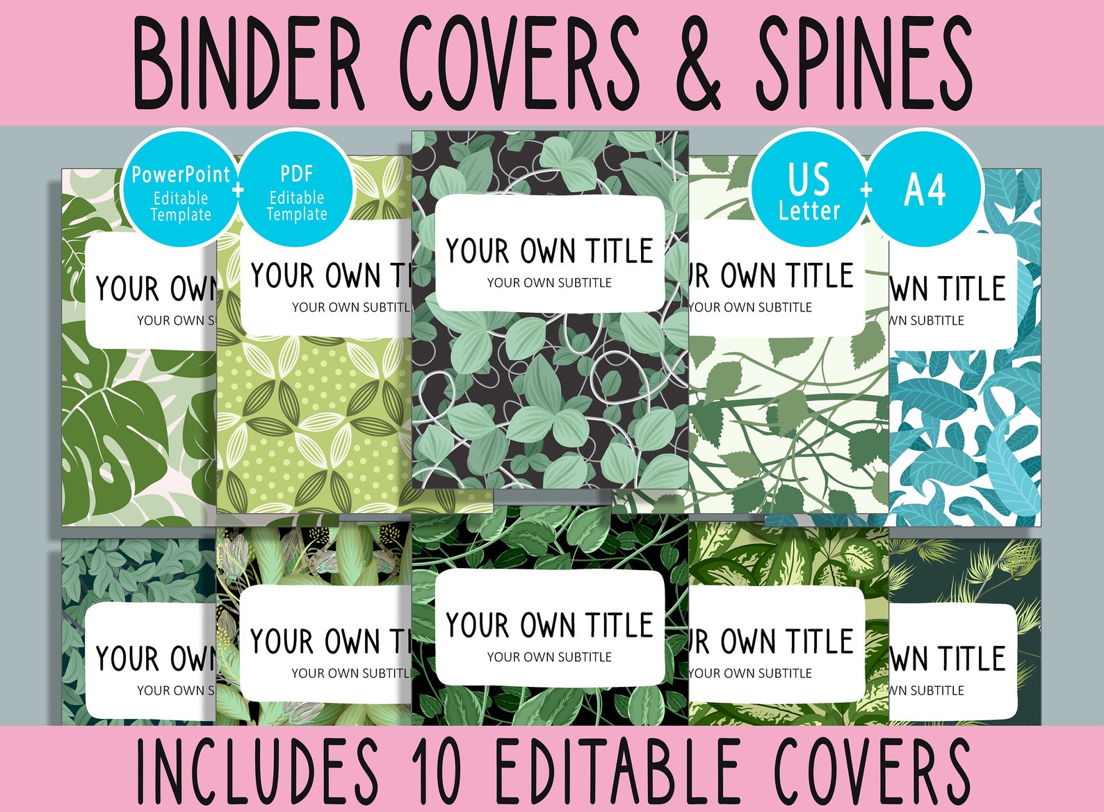 10 Editable Green Leaves Binder Covers Includes 1 - Etsy