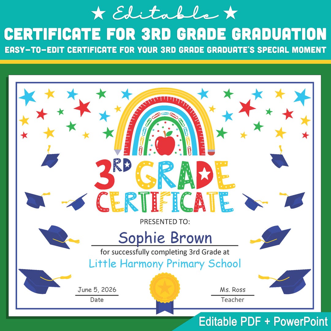 3rd Grade Certificate Template: Editable Letter Size PDF & Powerpoint ...