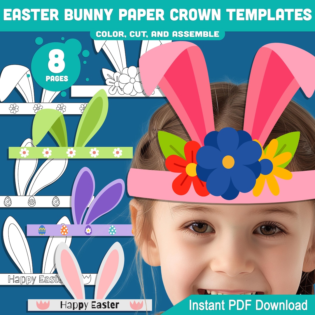 Easter Bunny Paper Crown Templates, Printable Rabbit Ears Headband, 8 ...