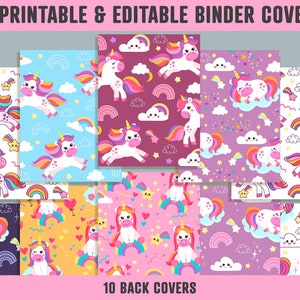 Colorful Unicorn Binder Cover, 10 Printable & Editable Covers + Spines ...