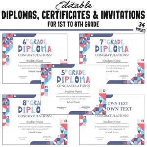Editable Diplomas for 4th Grade, Certificates for 1st-8th Grade, and ...