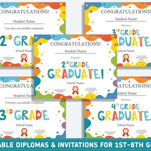 Editable 2nd Grade Graduation, 1st to 8th Grade Diploma, Certificate of ...