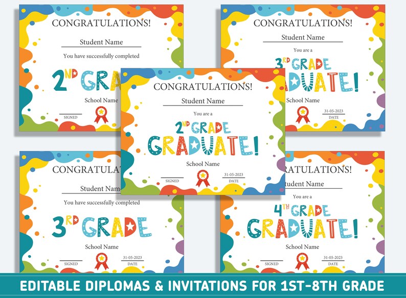 Editable 2nd Grade Graduation 1st to 8th Grade Diploma - Etsy