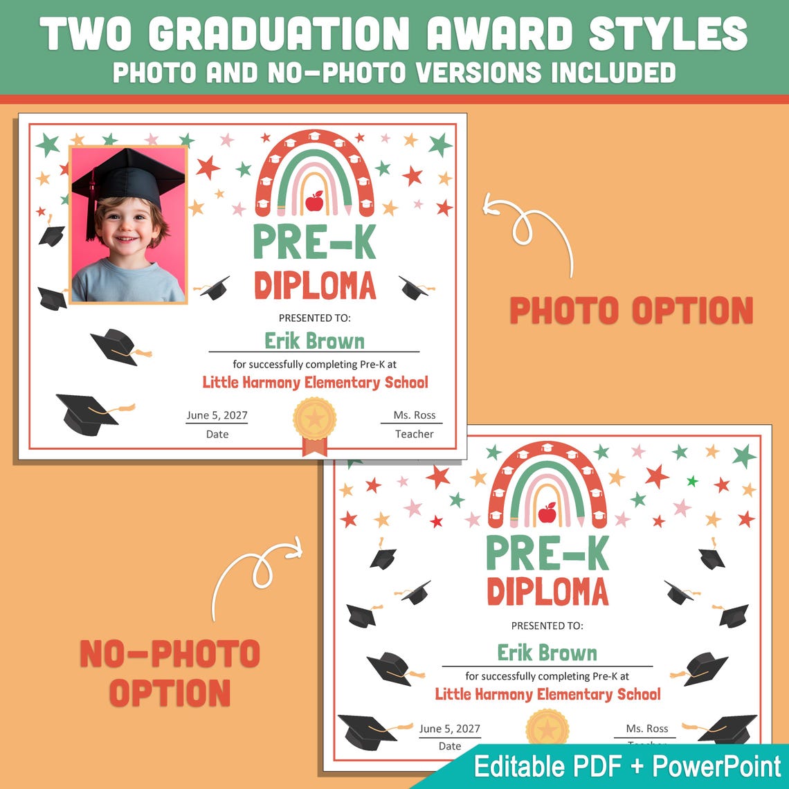 Editable Pre-k Graduation Diploma & Certificate Set, Retro Rainbow ...