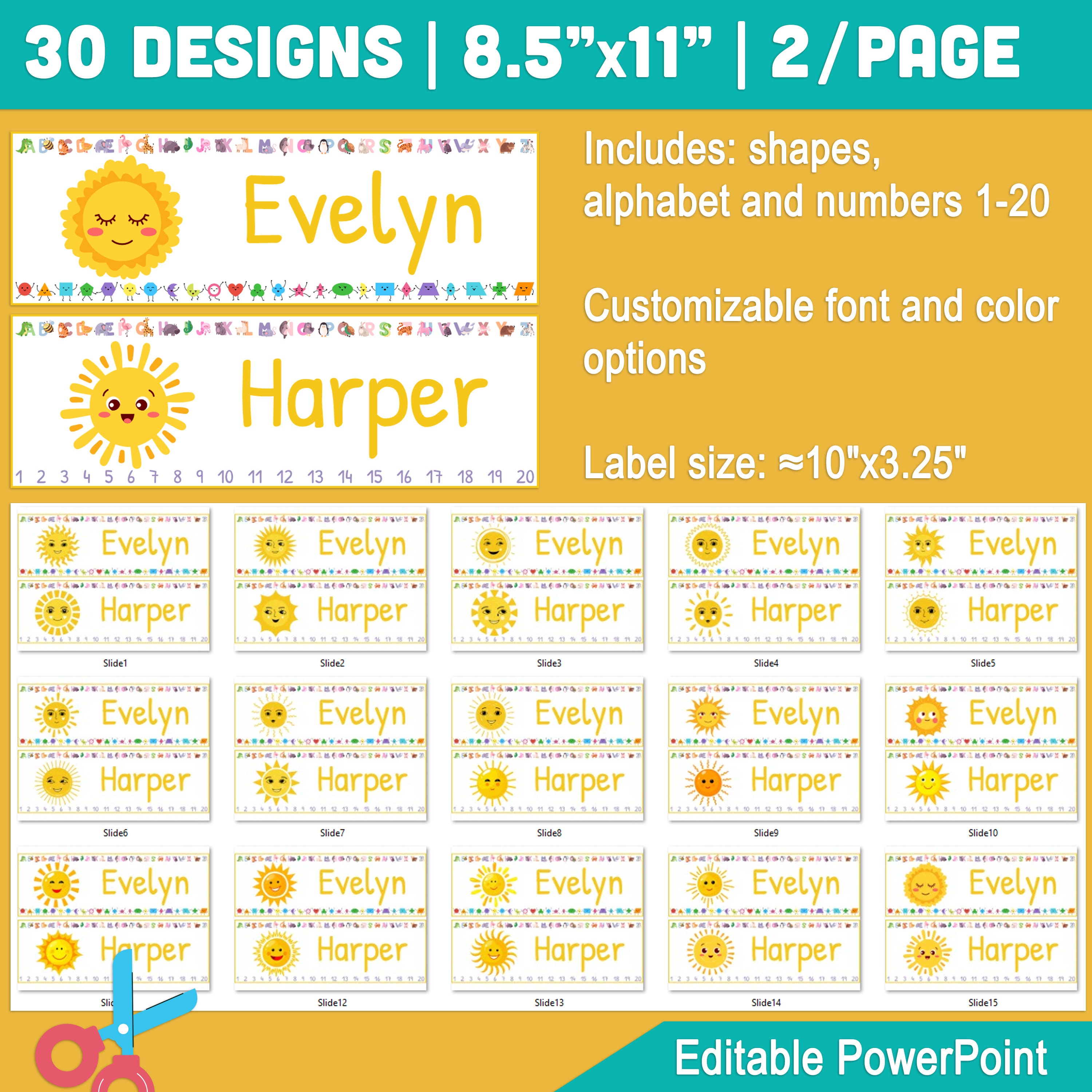 Editable Desk Name Tags for Students: Funny Cute Sun, 30 Designs, 8.5 ...