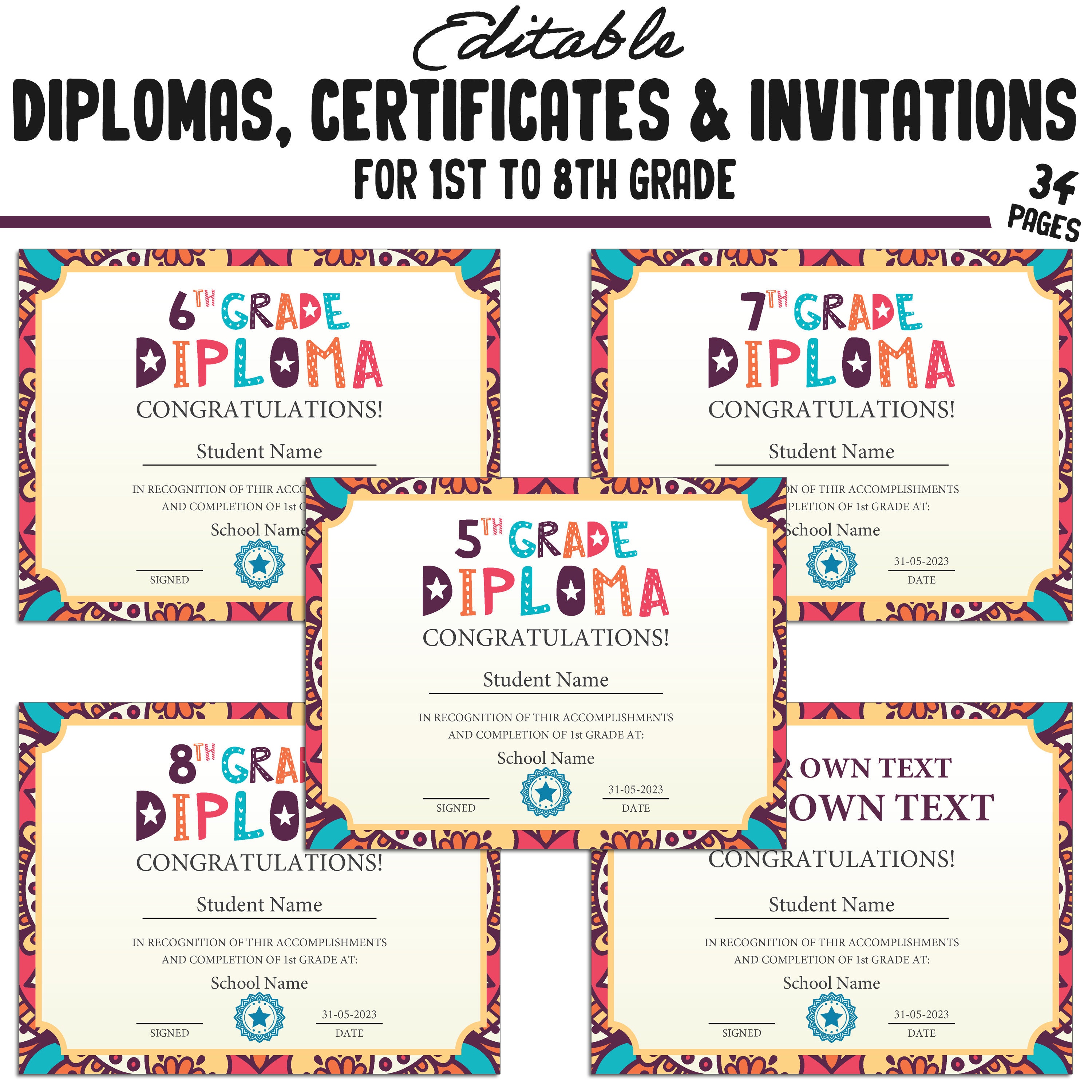 Editable 8th Grade Diplomas, 1st-8th Grade Certificates, and Invitation ...