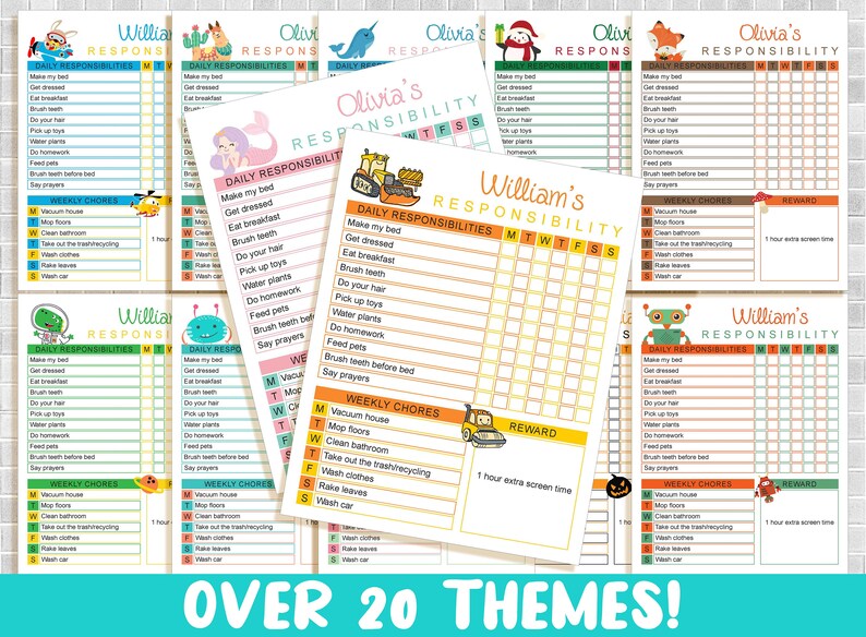 Kids Chore Chart Printable, 20 Responsibility Chore Chart for Kids ...