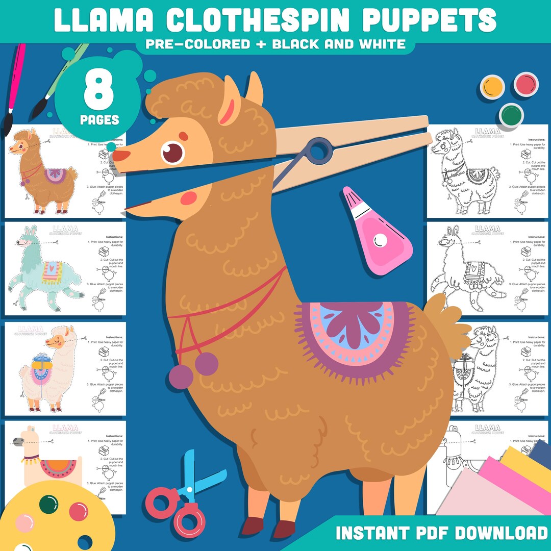 Llama Clothespin Puppets: 8-page Printable Craft for Kids, Fun DIY ...