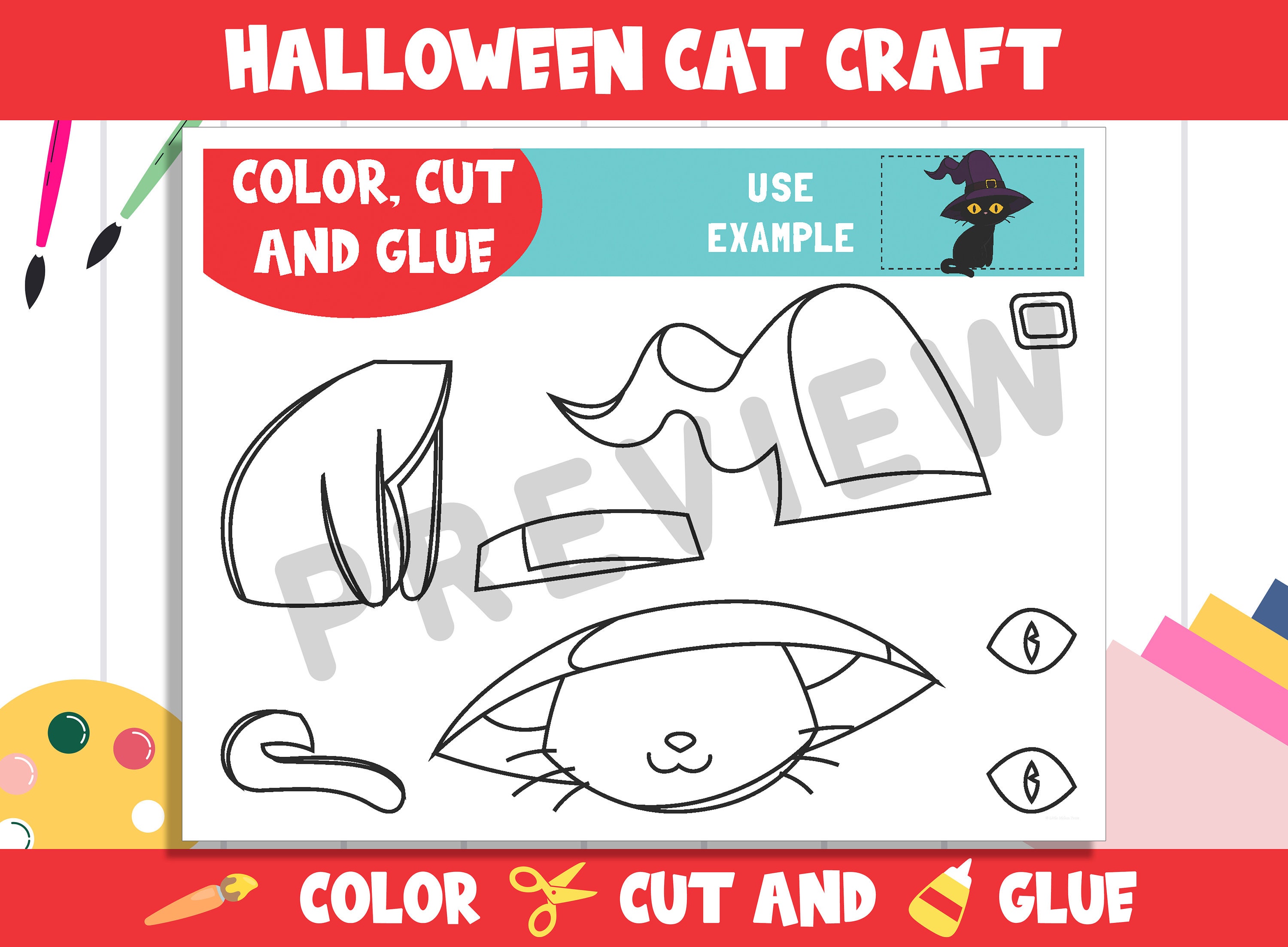 Cute Halloween Cat Craft Activity - Color, Cut, and Glue for Prek to ...