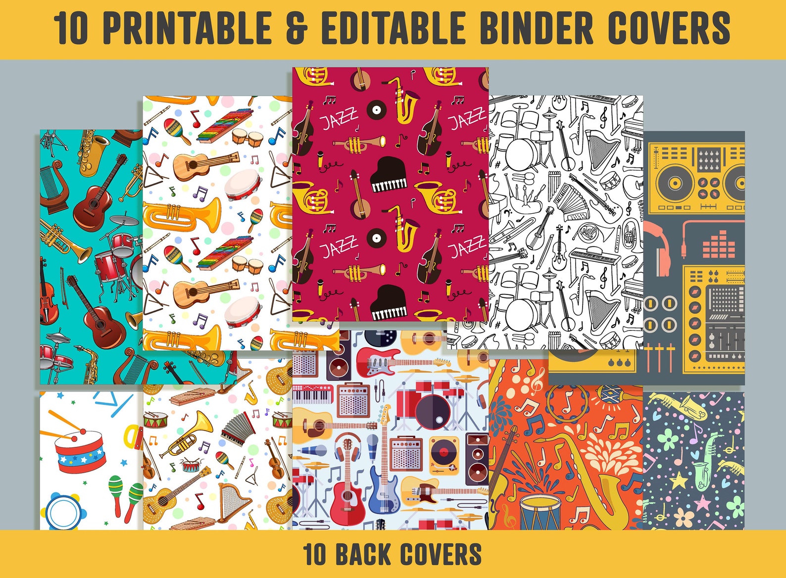 Musical Instruments Binder Cover, 10 Printable & Editable Binder Covers ...