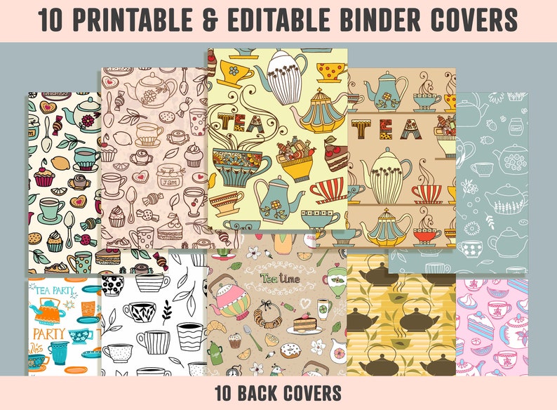 Cups and Teapots Binder Cover, 10 Printable & Editable Binder Covers ...