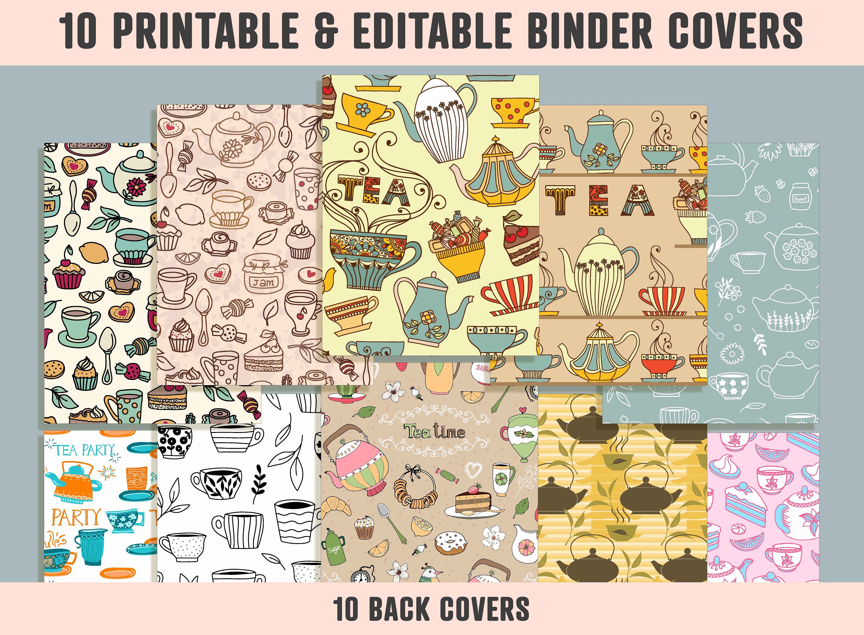 Cups and Teapots Binder Cover, 10 Printable & Editable Binder Covers ...