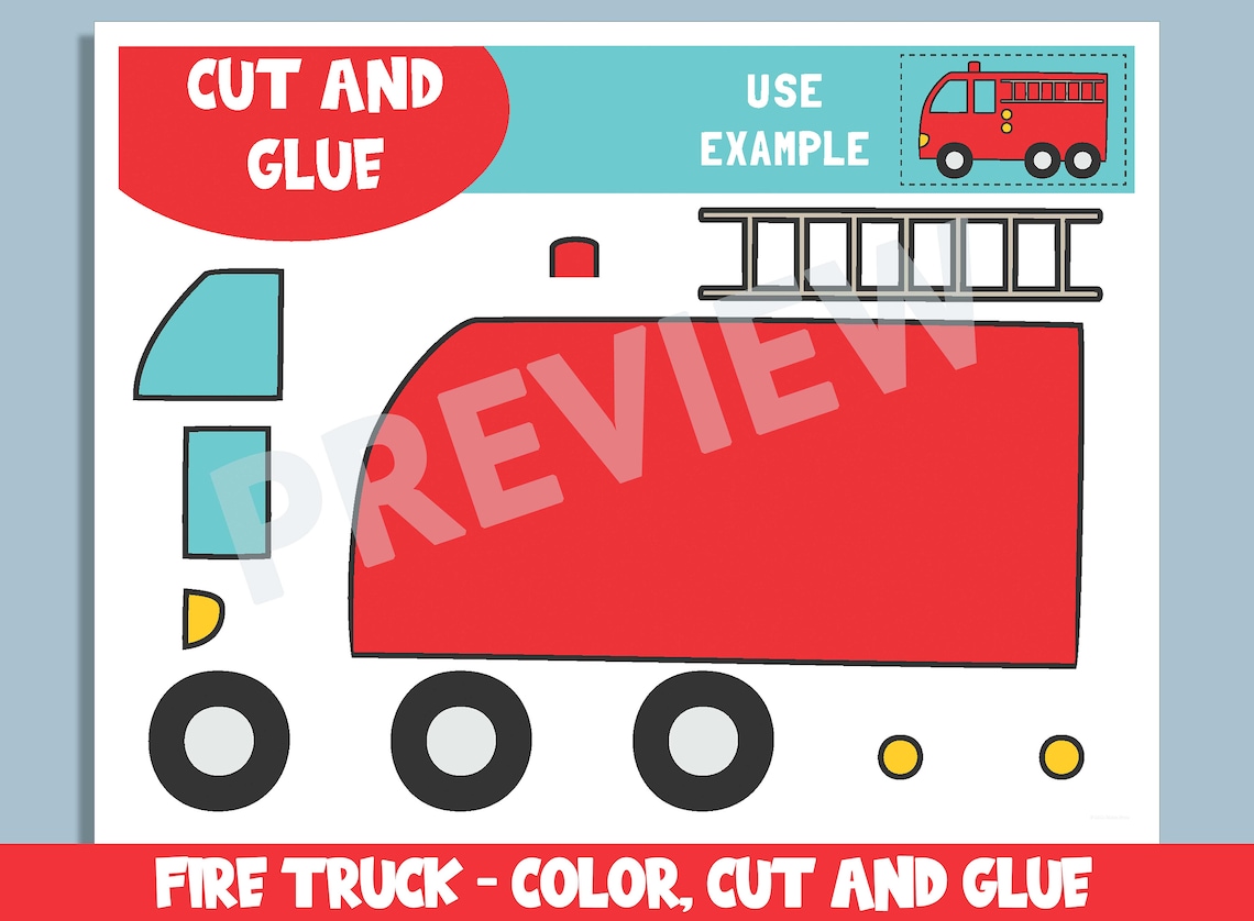 Fire Truck Craft Activity : Fire Safety Color, Cut, and Glue, PDF File ...