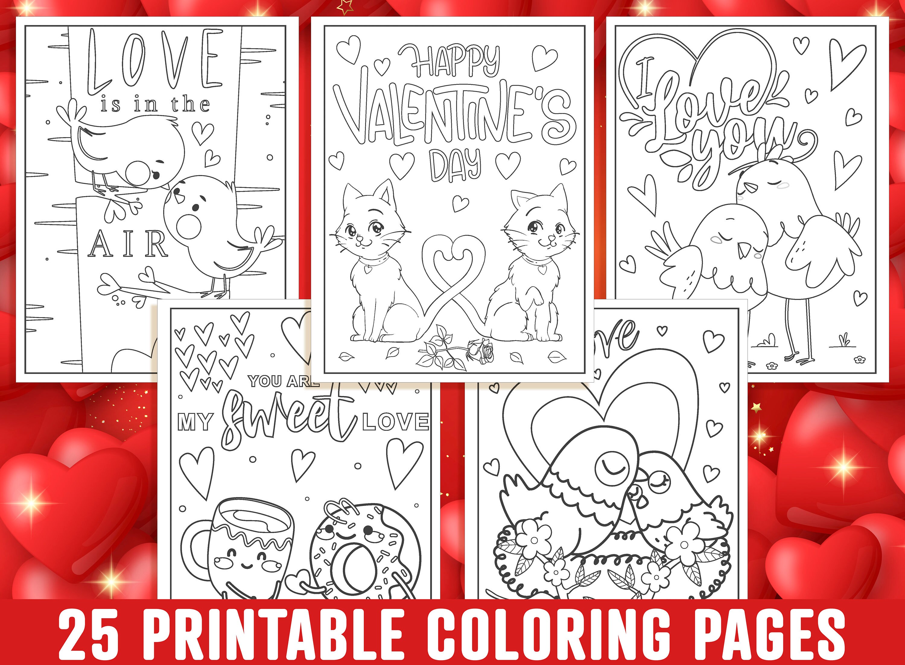 Valentine's Day Coloring Pages 25 Printable Valentine | Etsy
