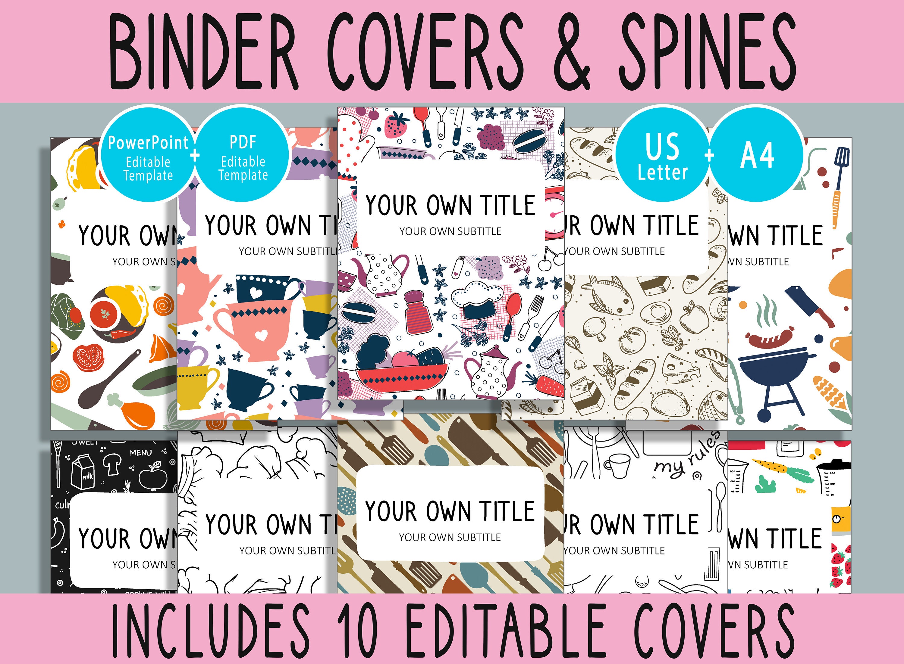 10 Editable Cooking & Kitchen Binder Covers, Includes 1, 1.5, 2" Spines ...