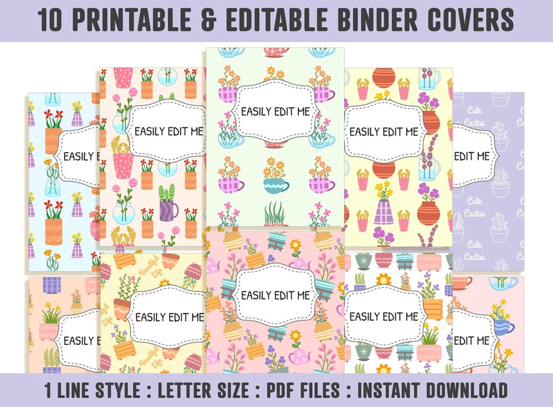 Flower Binder Cover, 10 Printable/editable Covers+spines, Binder Insert ...