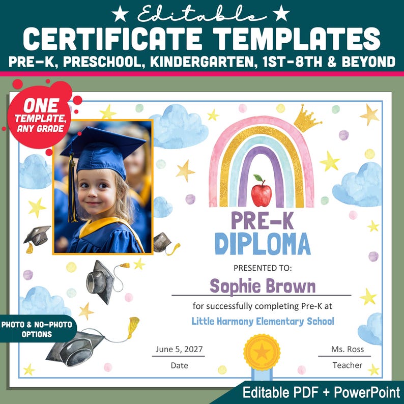 Pre K Diplomas, Editable Awards and Certificates, Watercolor Rainbow ...