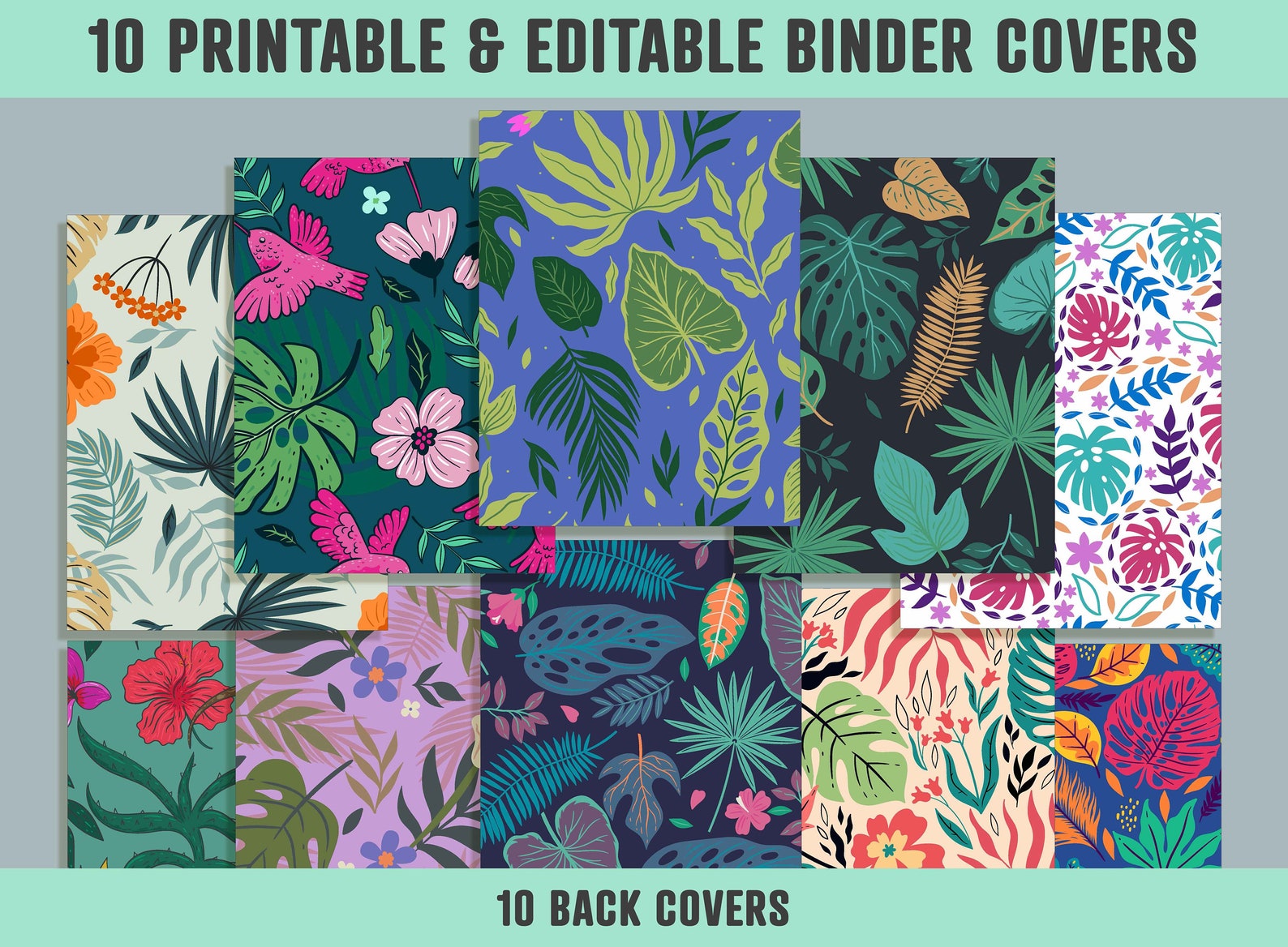 Tropical Leaves Binder Cover, 10 Printable/editable Binder Covers ...