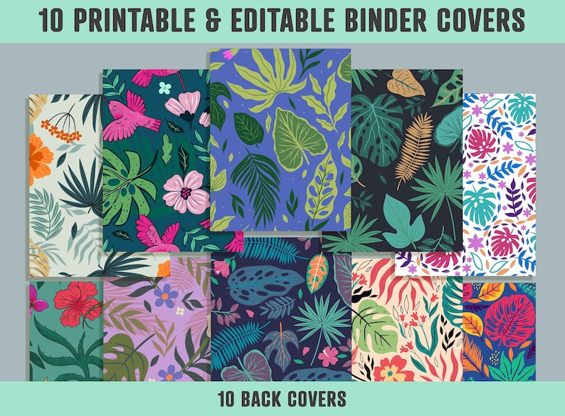 Tropical Leaves Binder Cover, 10 Printable/editable Binder Covers ...