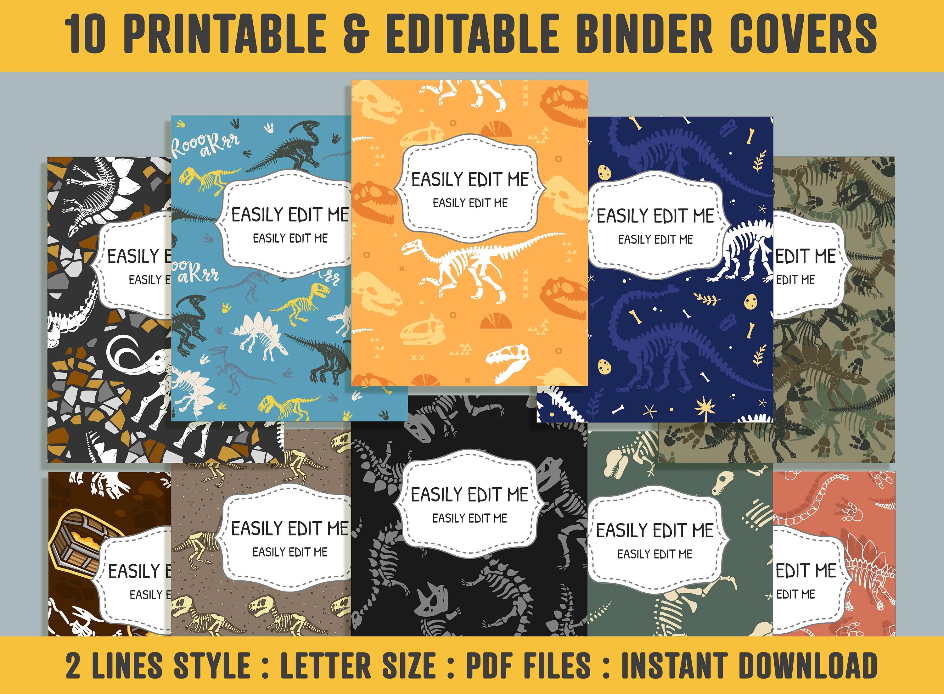 Dinosaur Skeleton Binder Cover, 10 Printable/editable Binder Covers ...