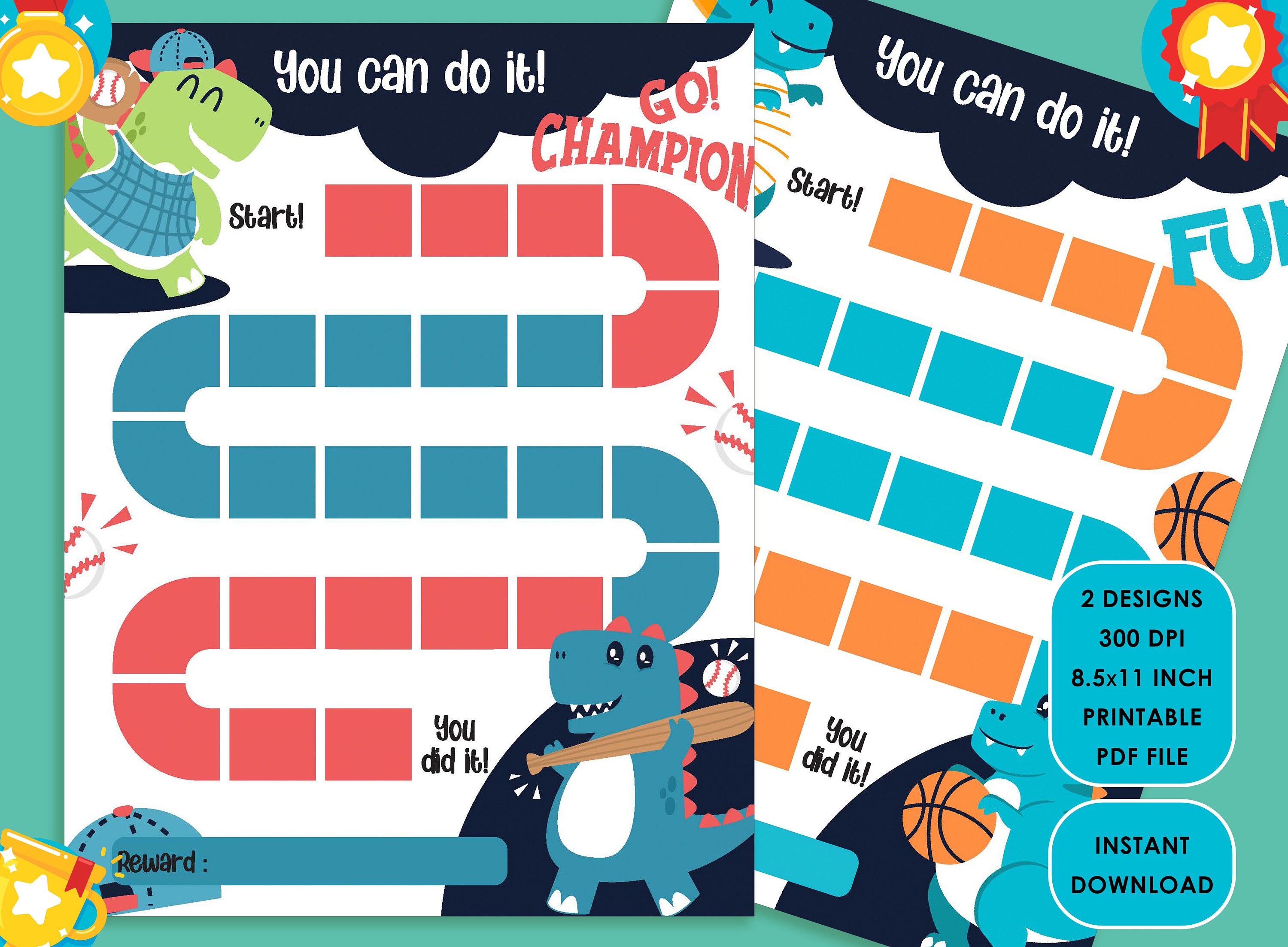 Printable Dinosaur Playing Sports Reward Chart for Kids: 2 Exciting ...