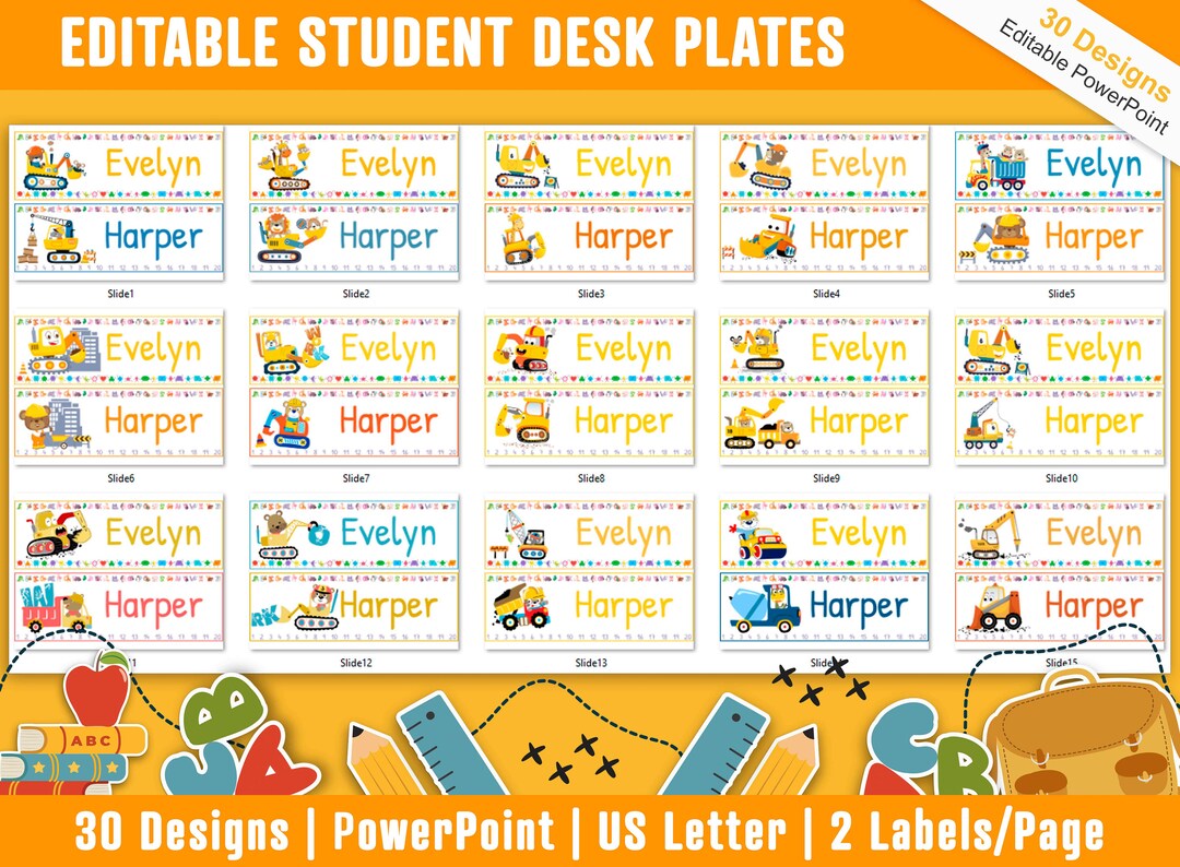Student Desk Plates 30 Printable/editable Construction Vehicles ...