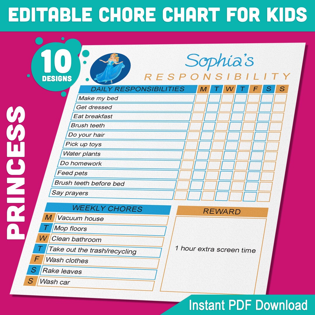Custom Princess Chore Chart for Kids: 10 Printable Responsibility ...