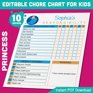 Custom Princess Chore Chart for Kids: 10 Printable Responsibility ...